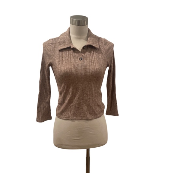 Tops | Monteau Los Angeles Nude Tan Beige Knit Collared Cropped Top ...